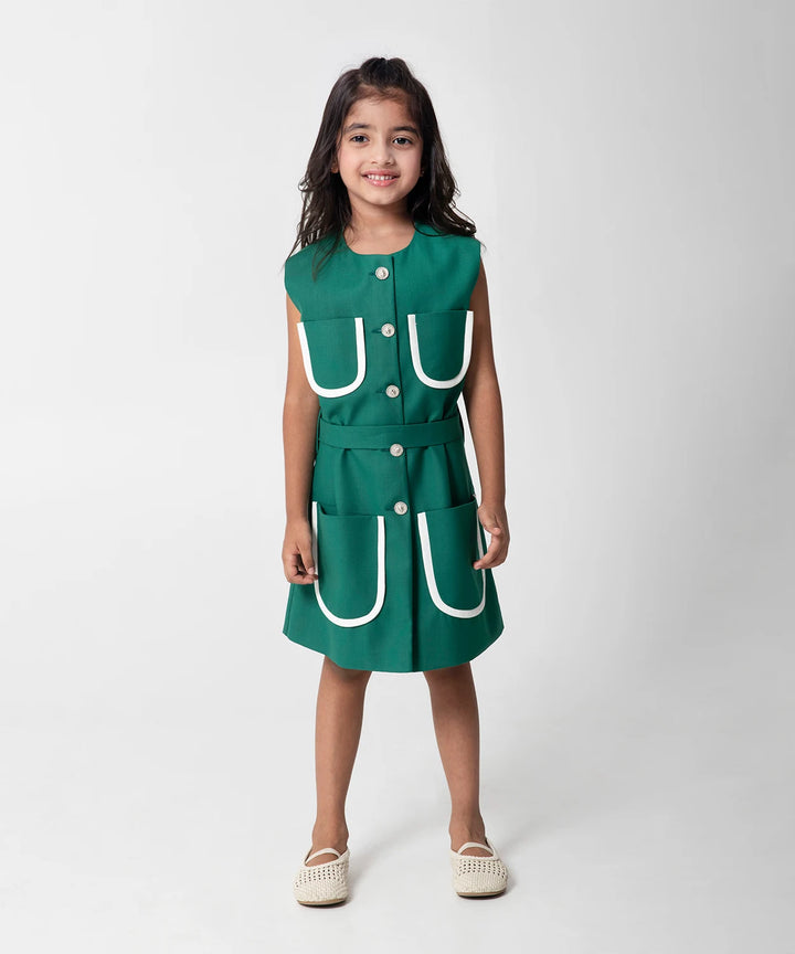 Partykles Bold Emrald Green Dress With White Pocket Detailing ...