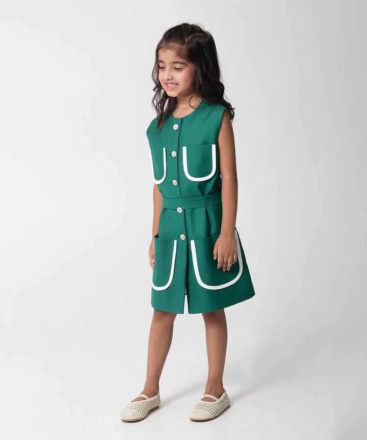 Partykles Bold Emrald Green Dress With White Pocket Detailing ...
