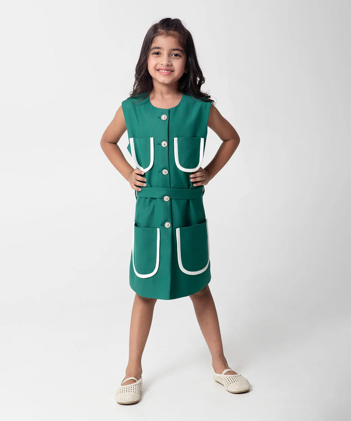 Partykles Bold Emrald Green Dress With White Pocket Detailing ...